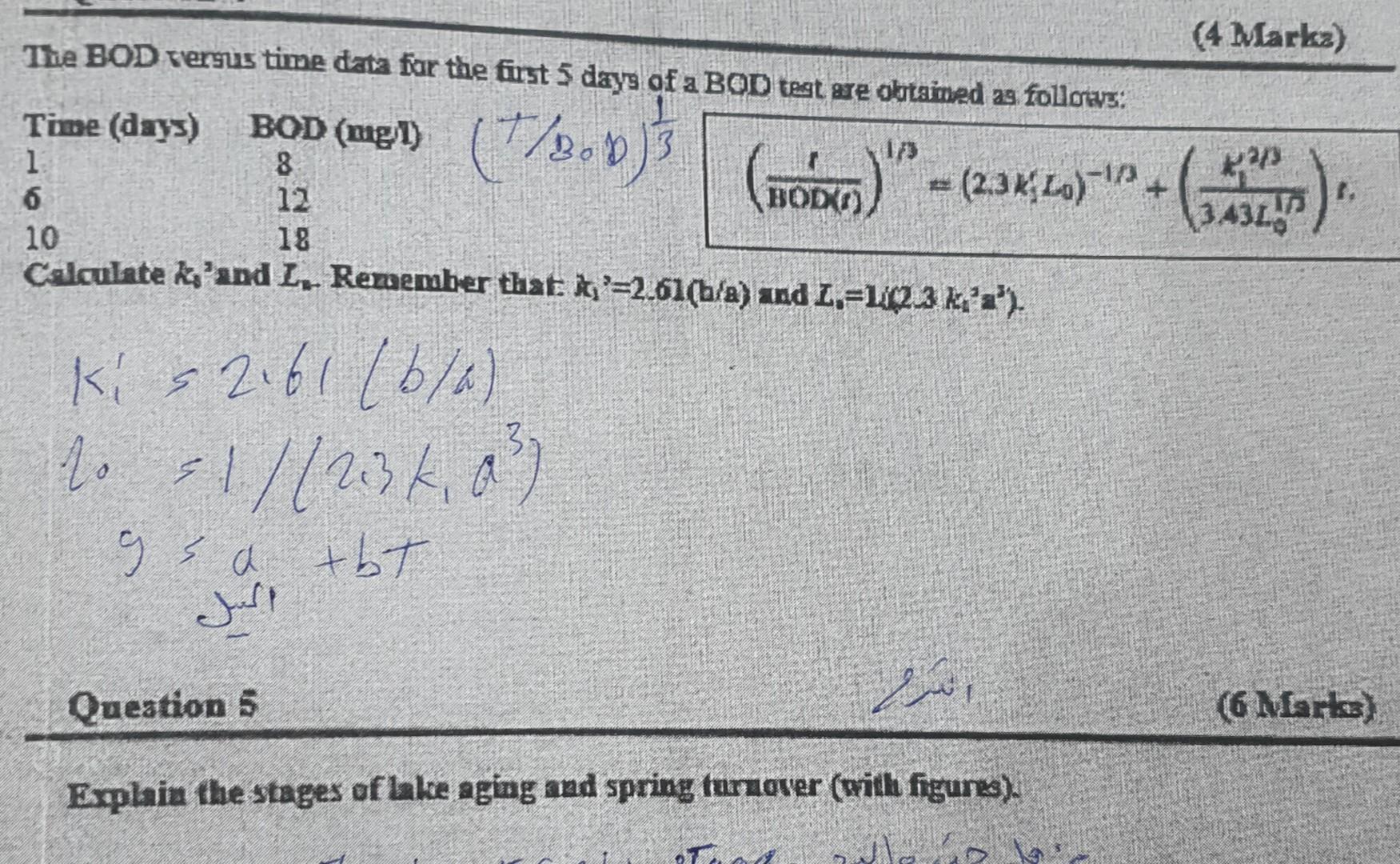 Solved The BOD versus time data for the first 5 days of a | Chegg.com