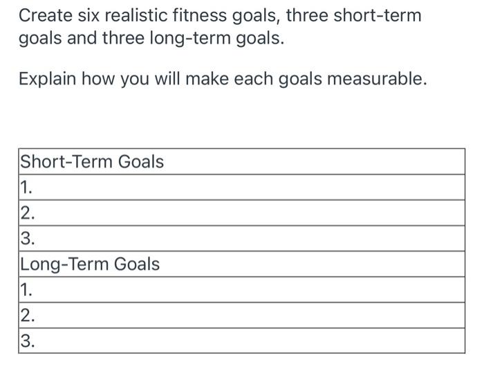 Solved Create six realistic fitness goals, three short-term | Chegg.com