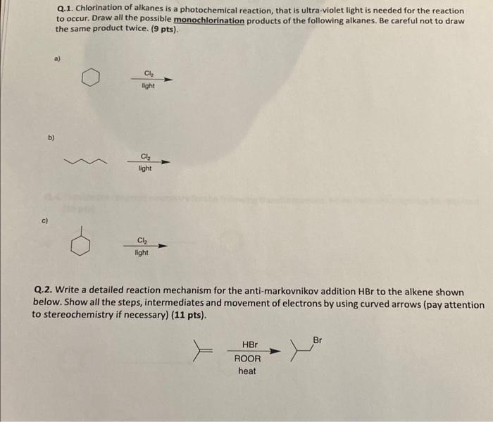 Solved Q.1. Chlorination of alkanes is a photochemical | Chegg.com
