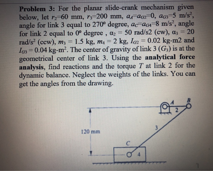 Problem 3: For the planar slide-crank mechanism given | Chegg.com