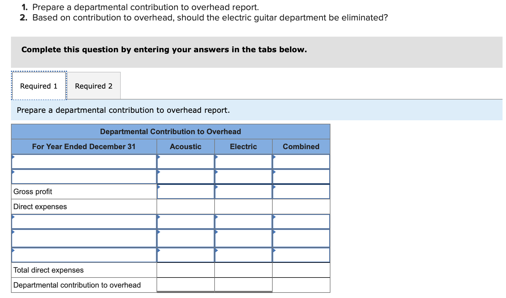 Solved Below are departmental income statements for a guitar | Chegg.com