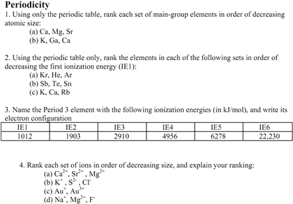 Solved Periodicity Using only the periodic table, rank each | Chegg.com