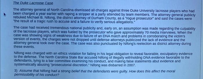 Solved The Duke Lacrosse Case The attorney general of North | Chegg.com