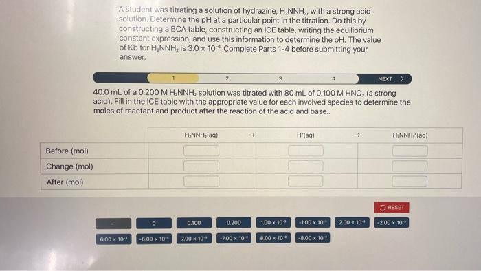 Solved A student was titrating a solution of hydrazine, | Chegg.com