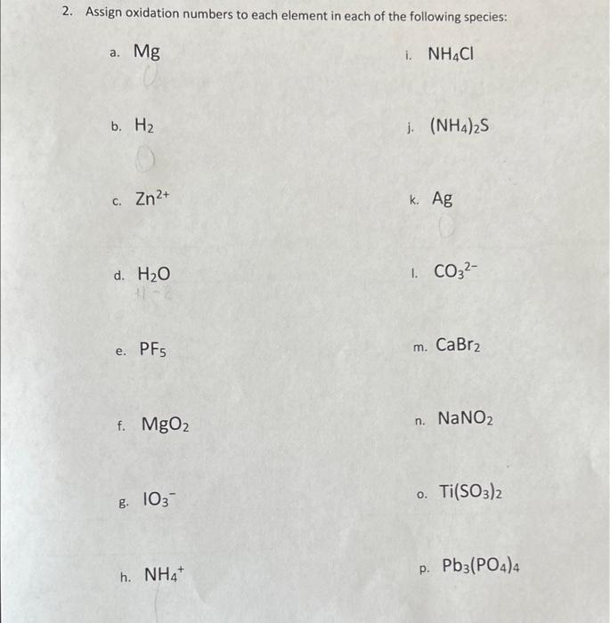 Solved Assign oxidation numbers to each element in each of | Chegg.com