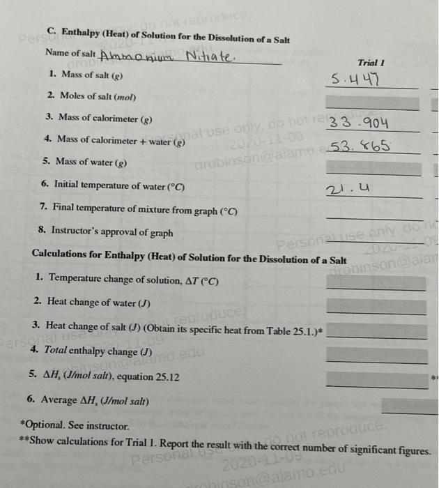 C. Enthalpy (Heat) of Solution for the Dissolution of | Chegg.com