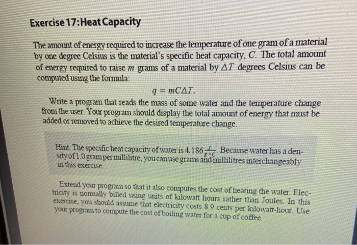 Solved Exercise 17:Heat Capacity The amount of energy | Chegg.com