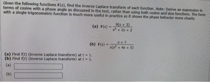 Solved Given the following functions F(s), find the inverse | Chegg.com