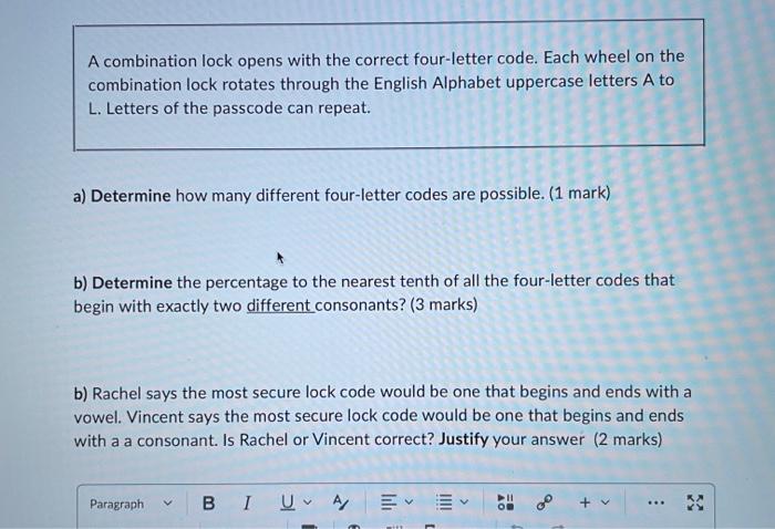 Solved A combination lock opens with the correct four-letter | Chegg.com