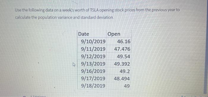 Solved Use the following data on a week's worth of TSLA | Chegg.com