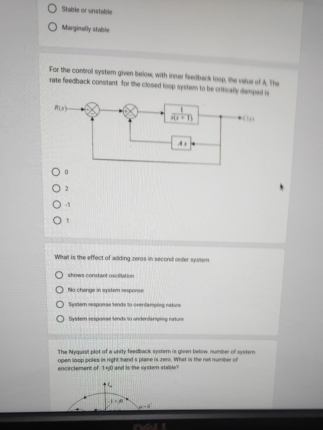 Solved Stable or unstable Marginally stable For the control | Chegg.com