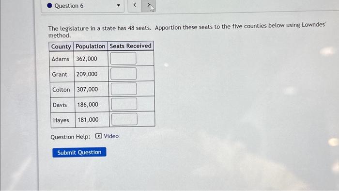 Solved The legislature in a state has 48 seats. Apportion | Chegg.com
