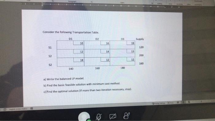 Solved Consider the following Transportation Table D1 D2 03 | Chegg.com