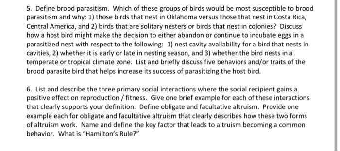 5. Define brood parasitism. Which of these groups of | Chegg.com