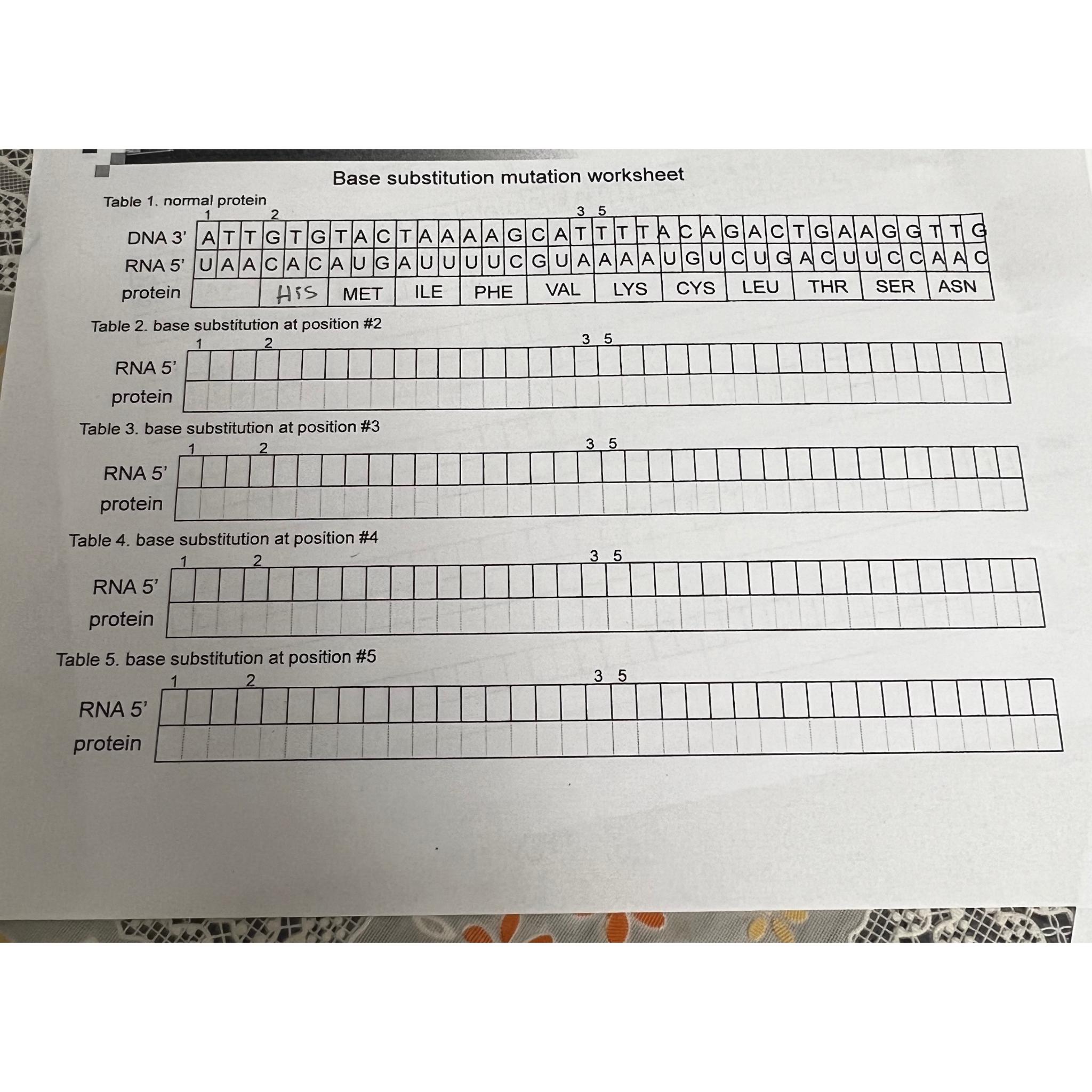 Base substitution mutation worksheetTable 1. ﻿normal | Chegg.com