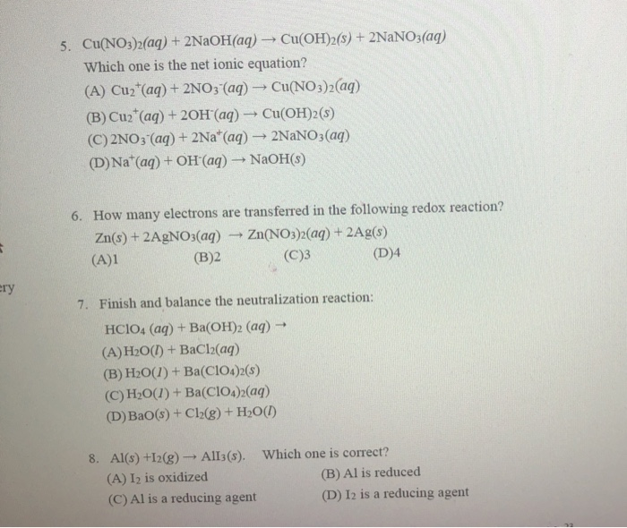 Solved 5. Cu(NO3)2(aq) + 2NaOH(aq) → Cu(OH)2(s) + 2NaNO3(aq) | Chegg.com