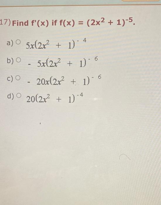 Solved 7 Find F′ X If F X 2x2 1 −5 A 5x 2x2 1 −4 B
