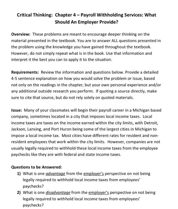 Solved Critical Thinking: Chapter 4-Payroll Withholding | Chegg.com