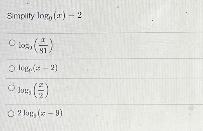 Solved Simplify log9(x)−2 | Chegg.com