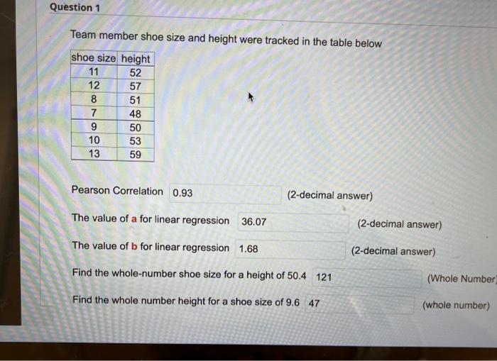 Solved Team member shoe size and height were tracked in the | Chegg.com