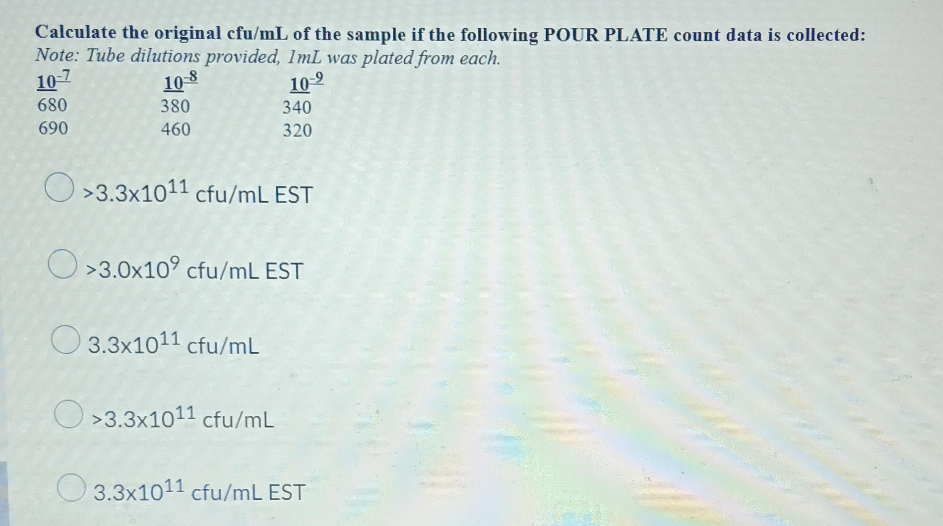 Solved 10-2 Calculate the original cfu/mL of the sample if | Chegg.com