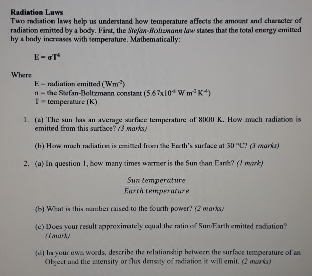 Solved Radiation Laws Two radiation laws help us understand | Chegg.com