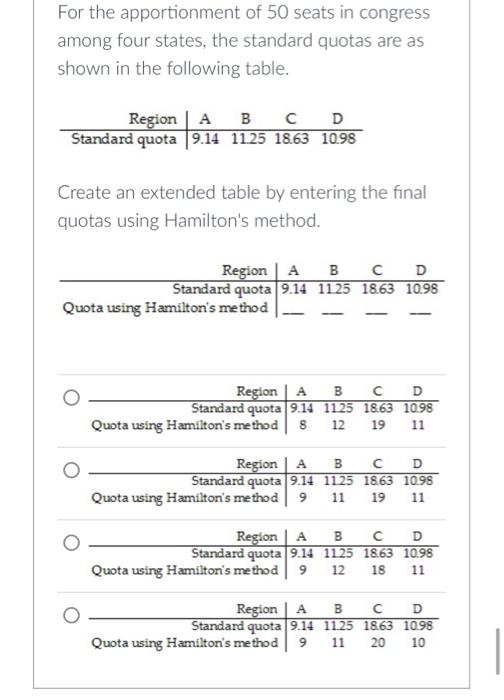 Solved For the apportionment of 50 seats in congress among | Chegg.com