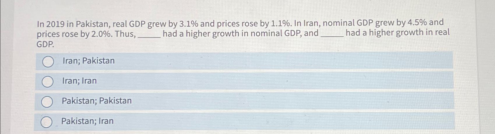 Solved In 2019 ﻿in Pakistan, real GDP grew by 3.1% ﻿and | Chegg.com