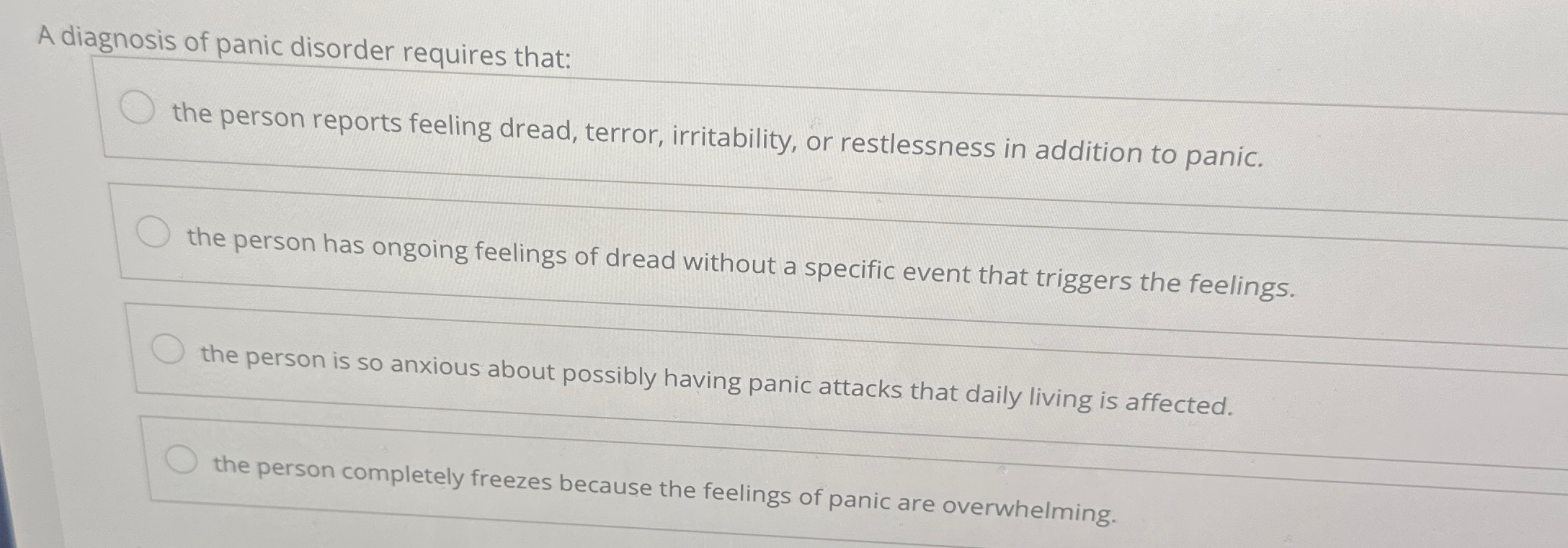 Solved A diagnosis of panic disorder requires that:the | Chegg.com