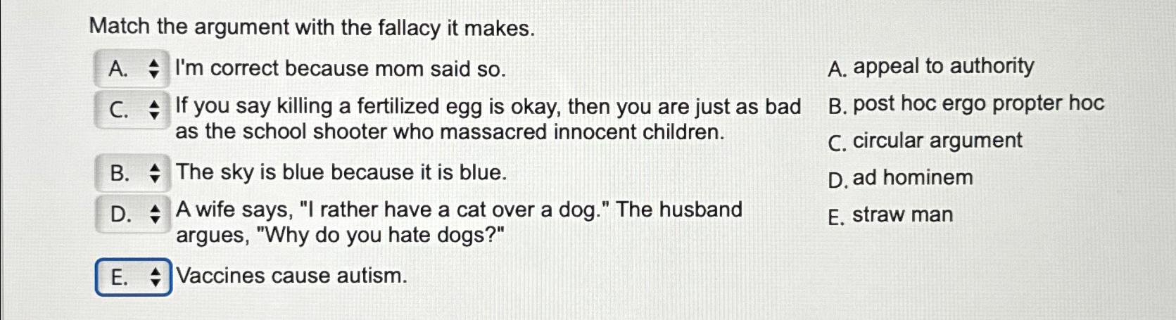 Solved Match the argument with the fallacy it makes.I'm | Chegg.com