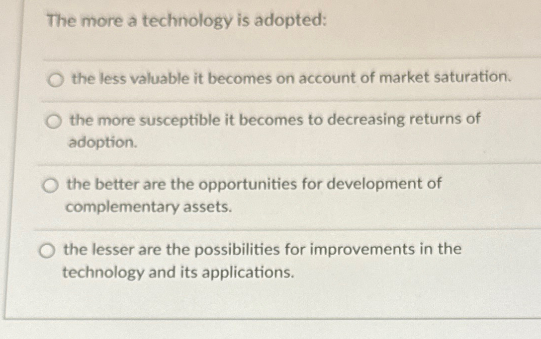 Solved The more a technology is adopted:the less valuable it | Chegg.com
