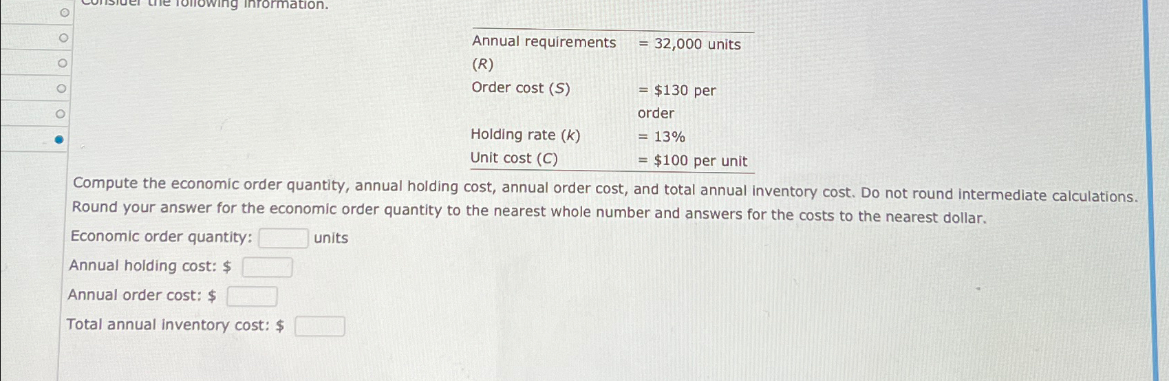 Solved \table[[Annual requirements,=32,000 | Chegg.com