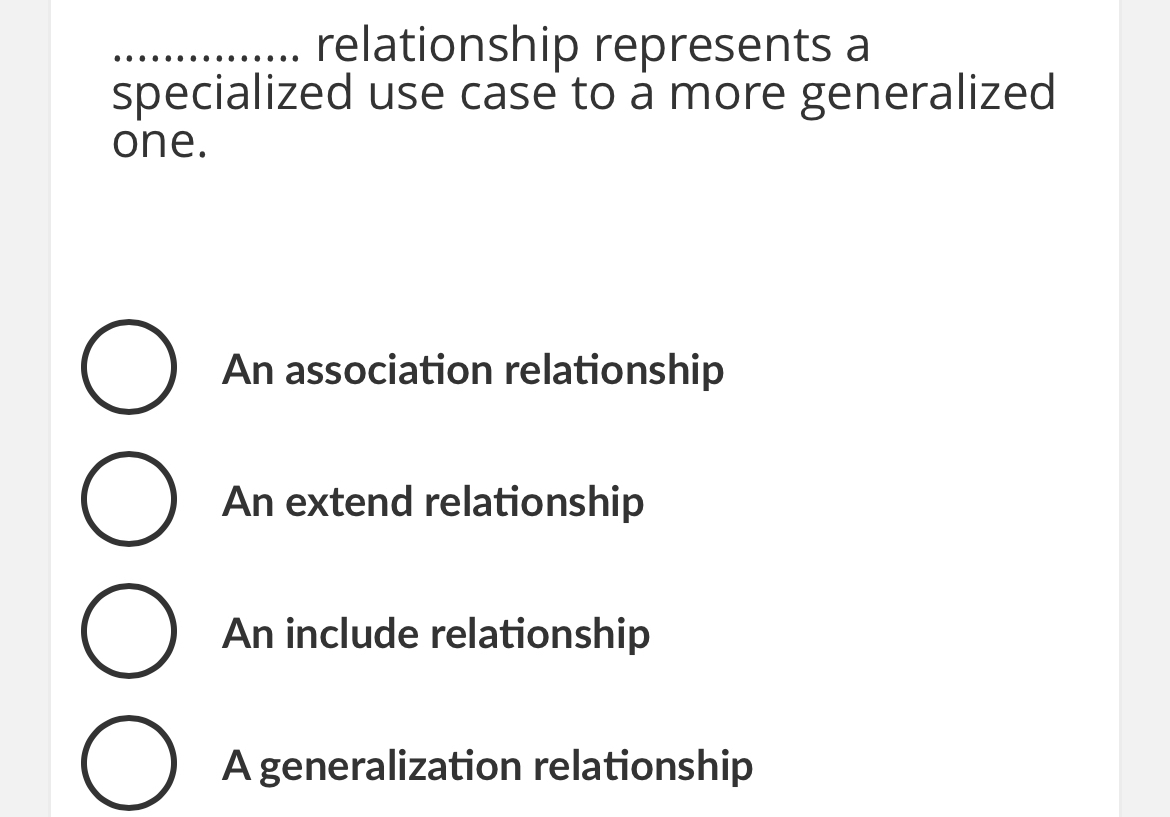 Solved relationship represents a specialized use case to a | Chegg.com