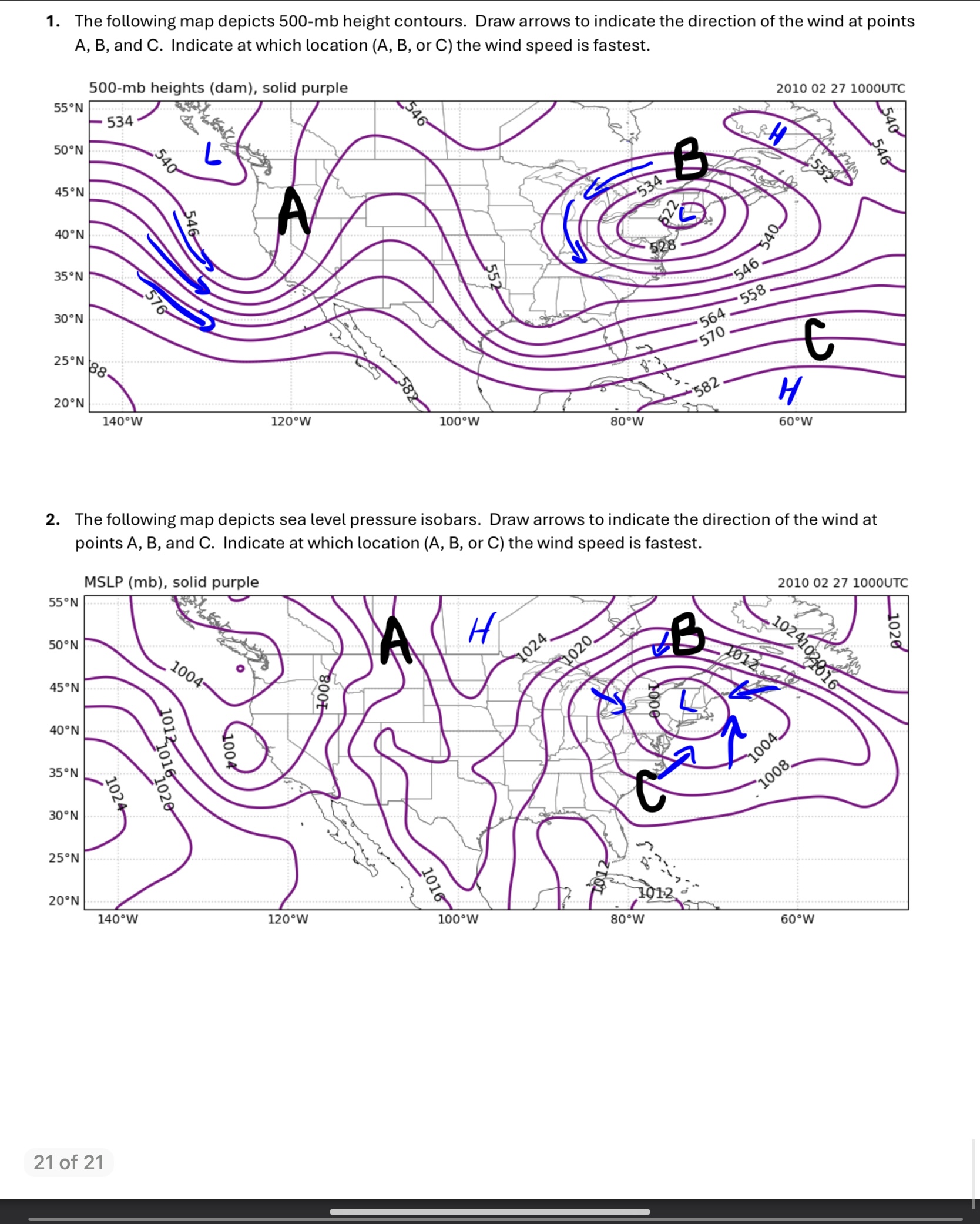 Solved The following map depicts 500-mb height contours. | Chegg.com