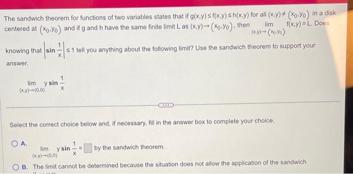 Solved The sandwich theorem for functions of two variables | Chegg.com