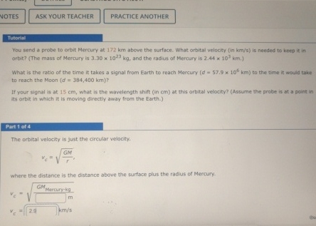 Solved TutorisYou send a probe to orbit Mercury at 172km | Chegg.com