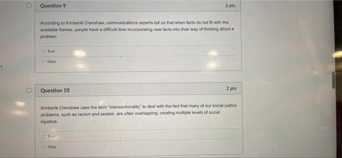 U Question 9 2 pts According to Kimberlé Crenshaw, | Chegg.com