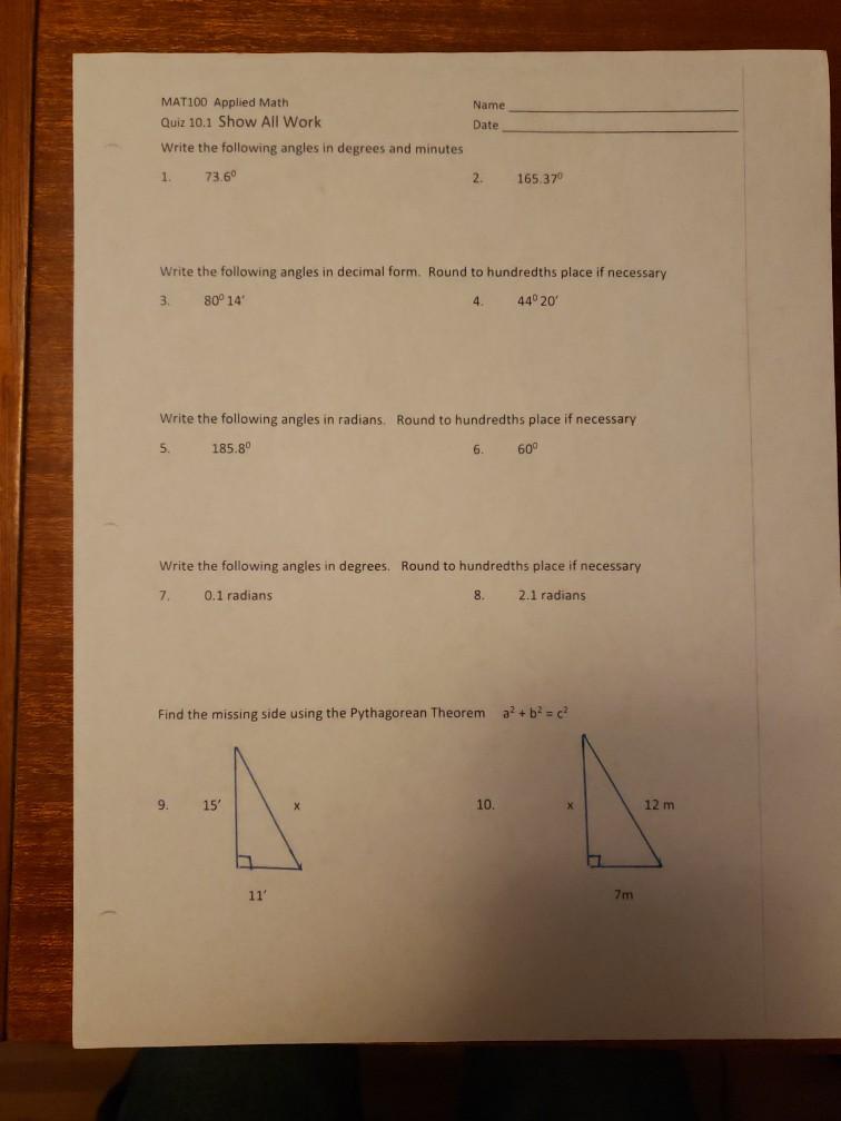 Name Date MAT100 Applied Math Quiz 10.1 Show All Work | Chegg.com
