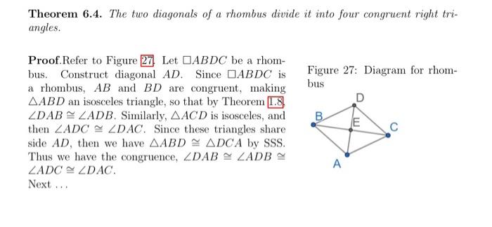 Solved Theorem 6.4. The two diagonals of a rhombus divide it | Chegg.com