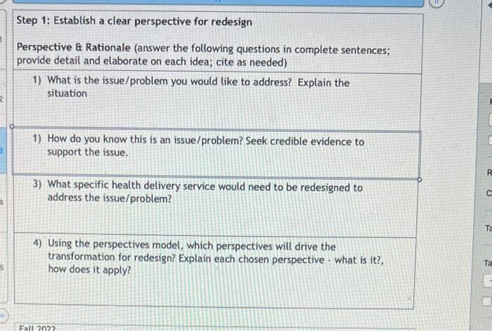 Solved Step 1: Establish a clear perspective for redesign | Chegg.com