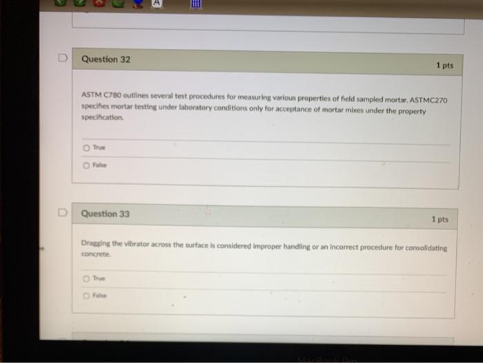 Solved D Question 32 1 pts ASTM C780 outlines several test | Chegg.com