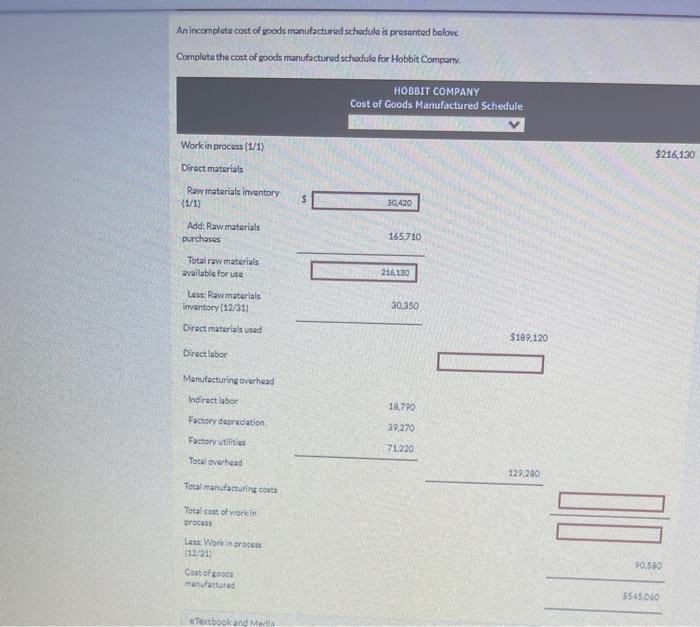 Solved An incomplete cost of goods manufactured schedule is | Chegg.com