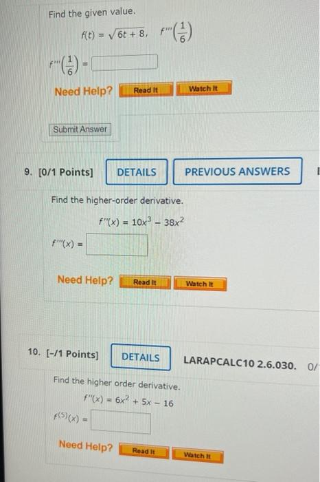 Solved Find the given value. f(t)=6t+8,f′′′(61)f′′′(61)= P/1 | Chegg.com