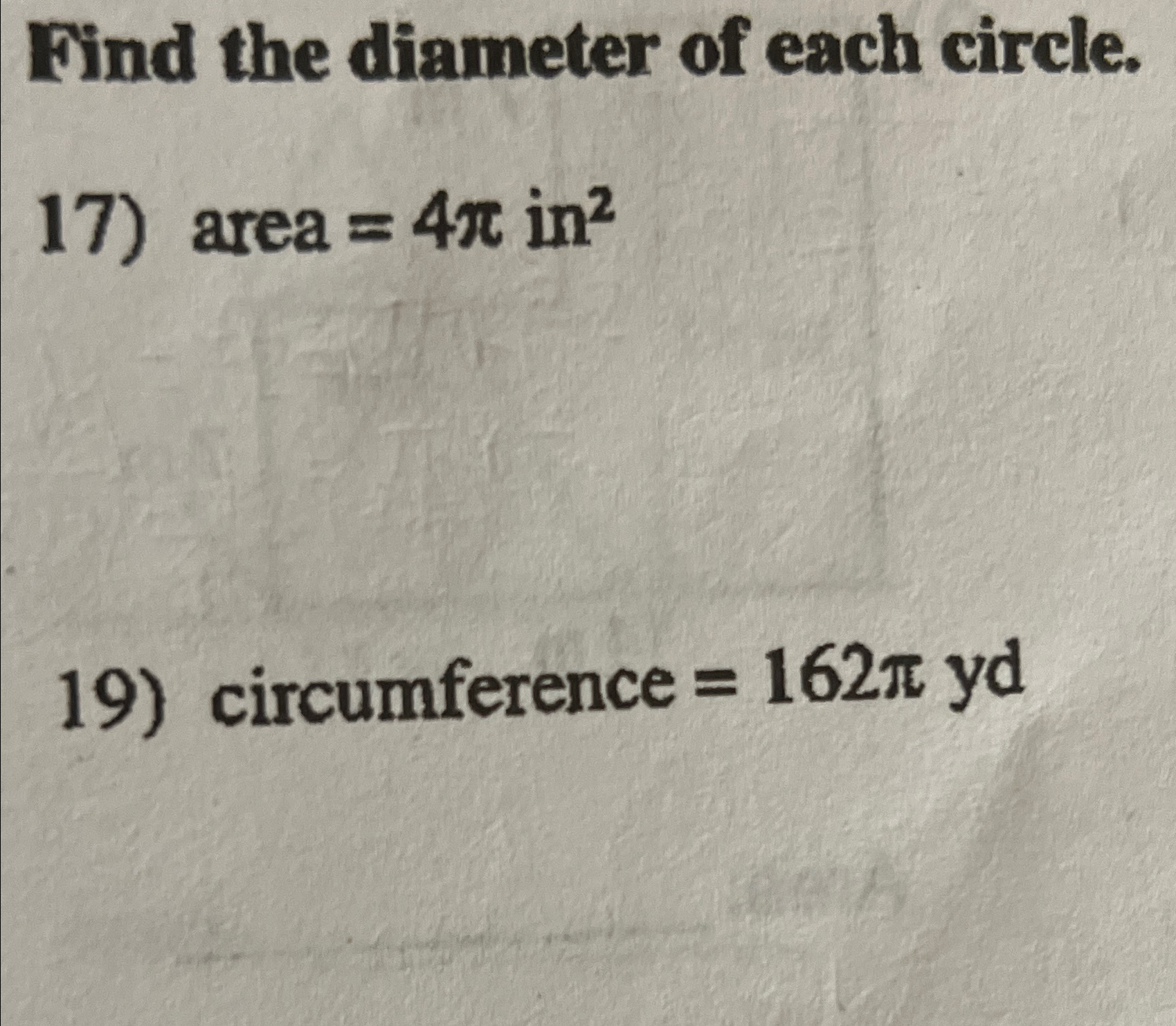 Solved Find the diameter of each circle.area =4π ﻿in | Chegg.com