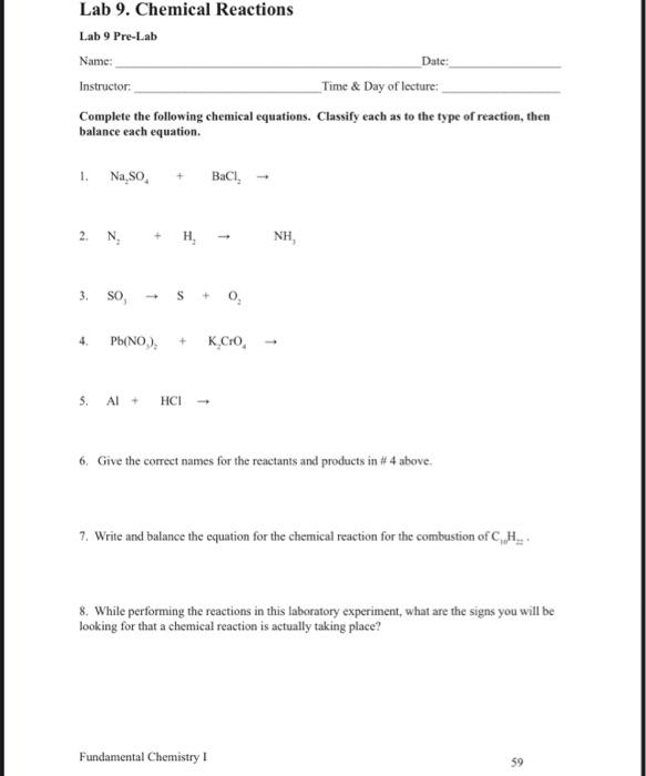 Solved Lab 9. Chemical Reactions Lab 9 Pre-Lab Name: | Chegg.com