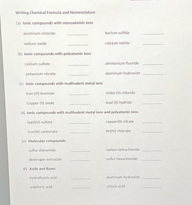 Solved Writing Chemical Formula and Nomenclature (a) lonic | Chegg.com
