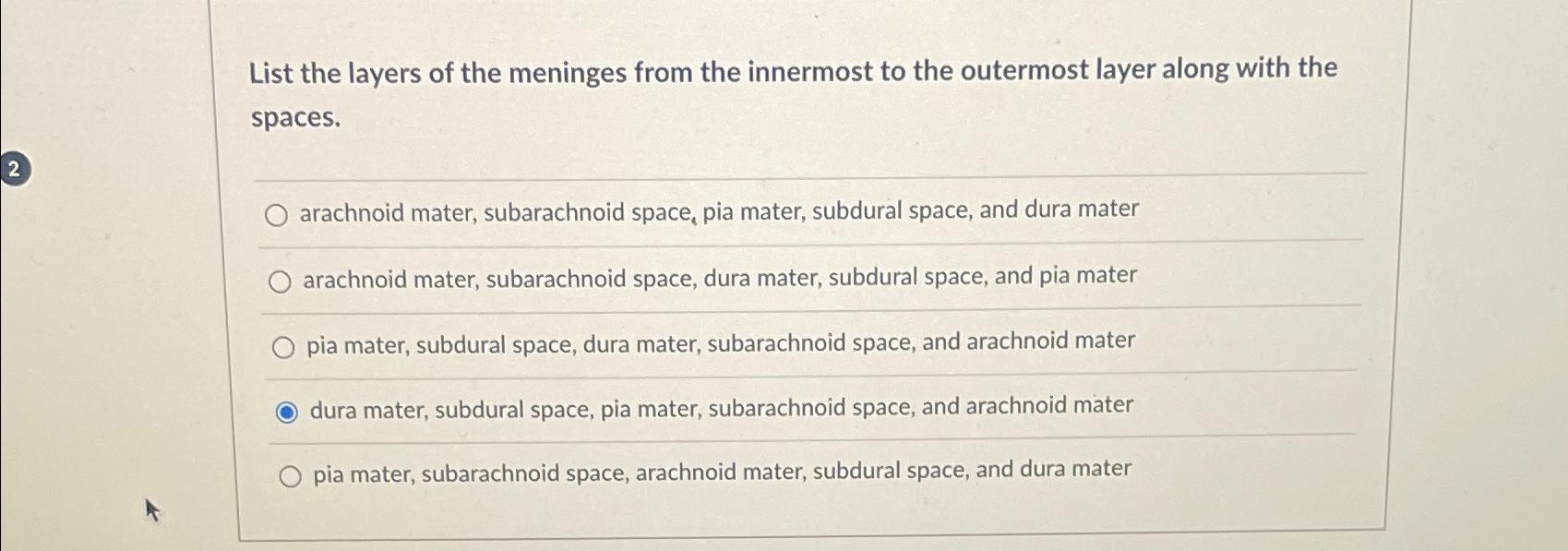Solved List the layers of the meninges from the innermost to | Chegg.com