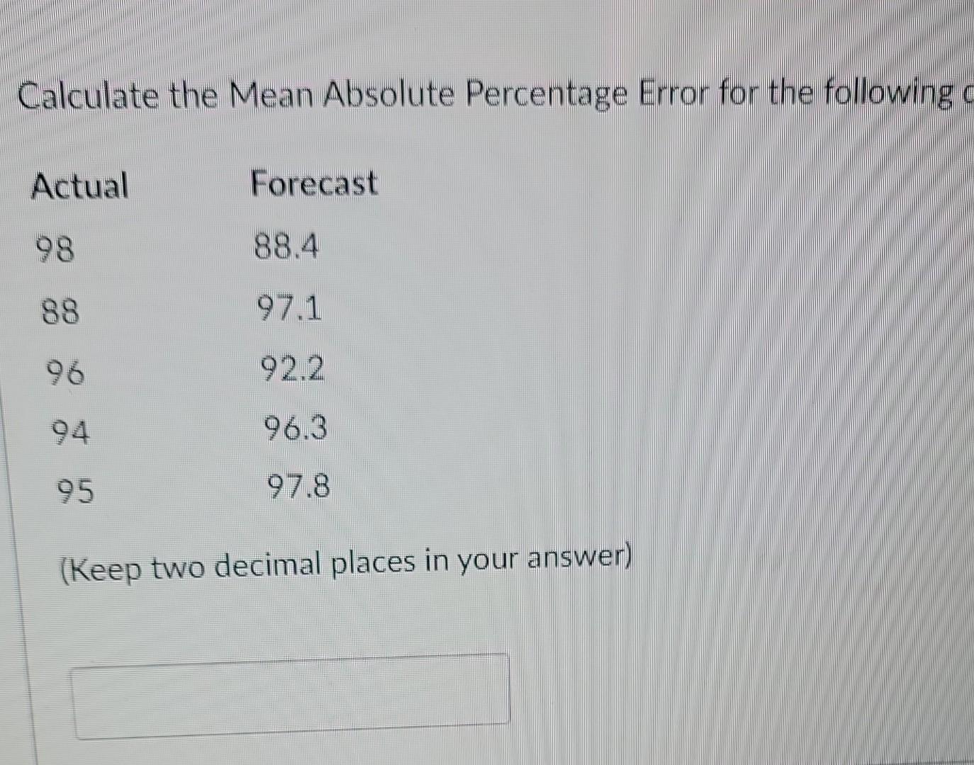 Solved Calculate the Mean Absolute Percentage Error for the | Chegg.com