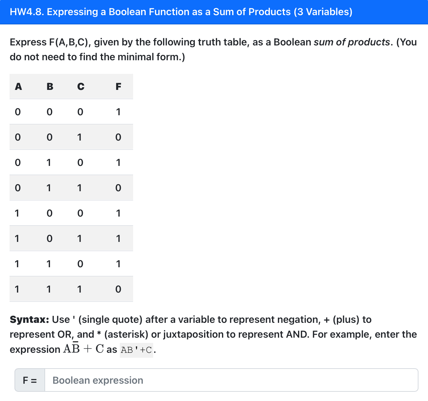 Solved HW4.8. ﻿Expressing a Boolean Function as a Sum of | Chegg.com
