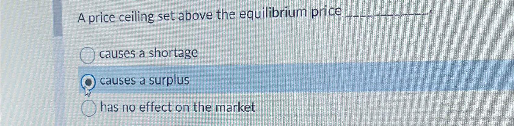 Solved A price ceiling set above the equilibrium pricecauses | Chegg.com